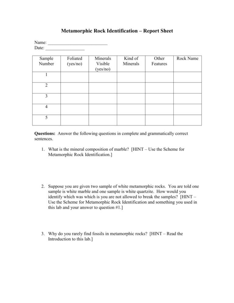 Metamorphic Rock Identification – Report Sheet