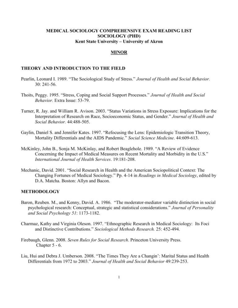 Medical Sociology Comprehensive Exam Reading List