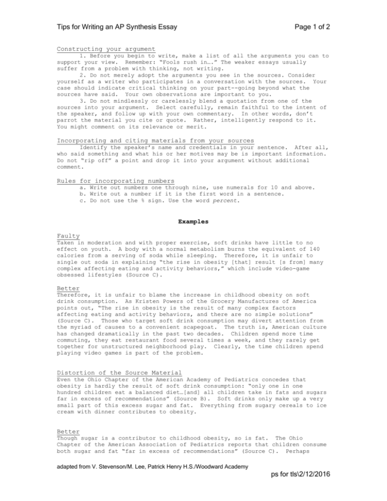 Tips for writing the AP Synthesis ESSAY