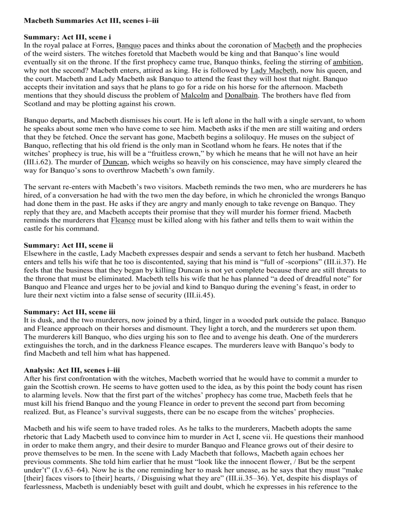 Macbeth Summaries Act III, scenes i–iii
