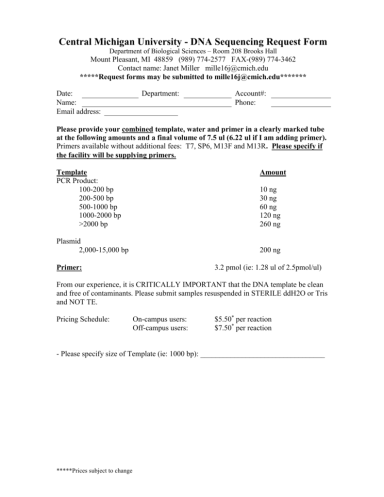 DNA Sequencing Request Form - DNA Sequencing and Analysis