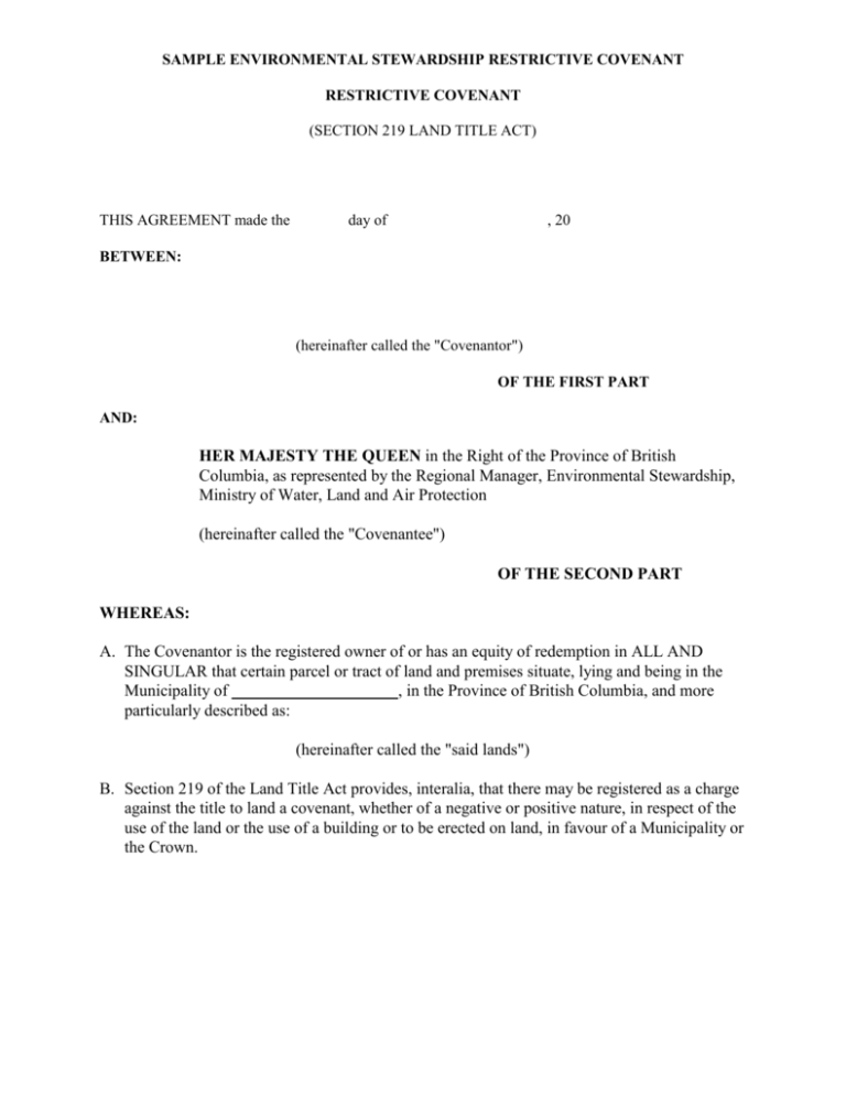 SAMPLE FISH AND WILDLIFE RESTRICTIVE COVENANT