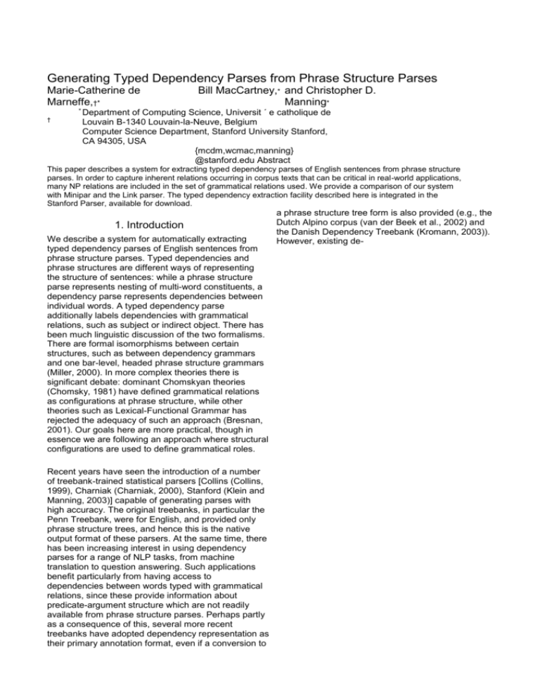 Generating Typed Dependency Parses From Phrase Structure P