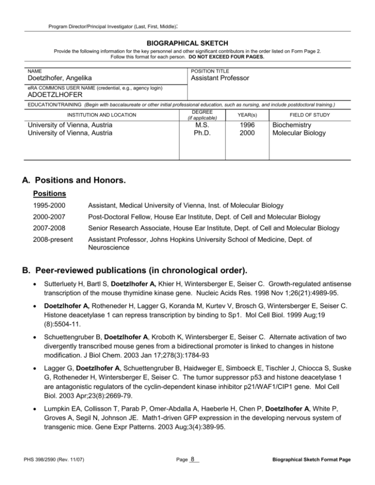 biographical sketch - Neuroscience