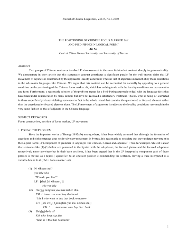 the positioning of chinese focus mark shi