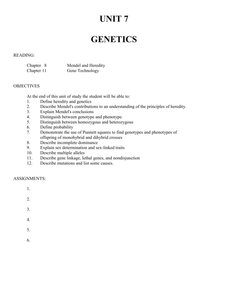 UNIT 7 GENETICS READING: Chapter 8 Mendel and Heredity