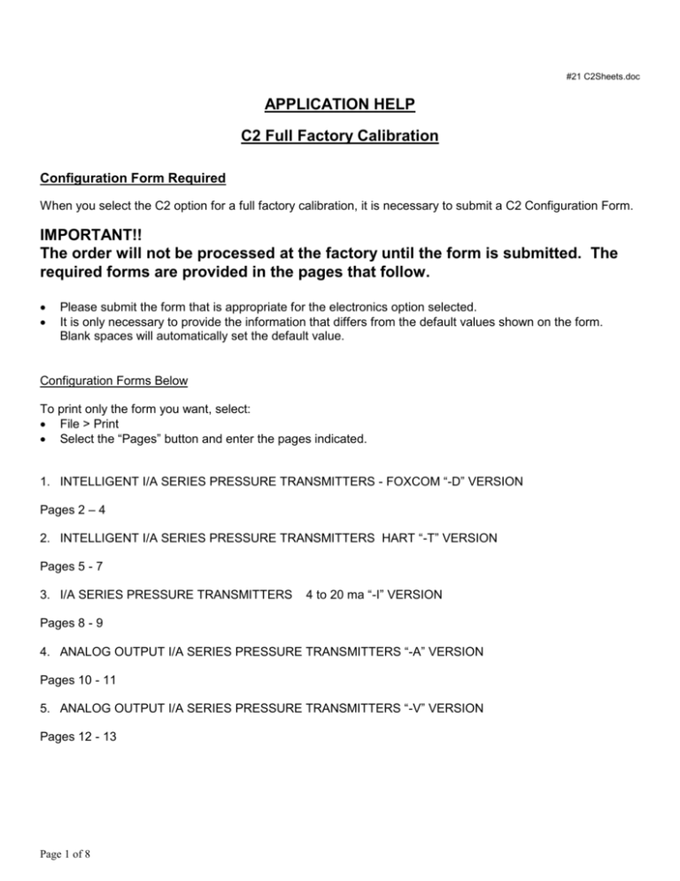C2 Full Factory Calibration Worksheet for Pressure