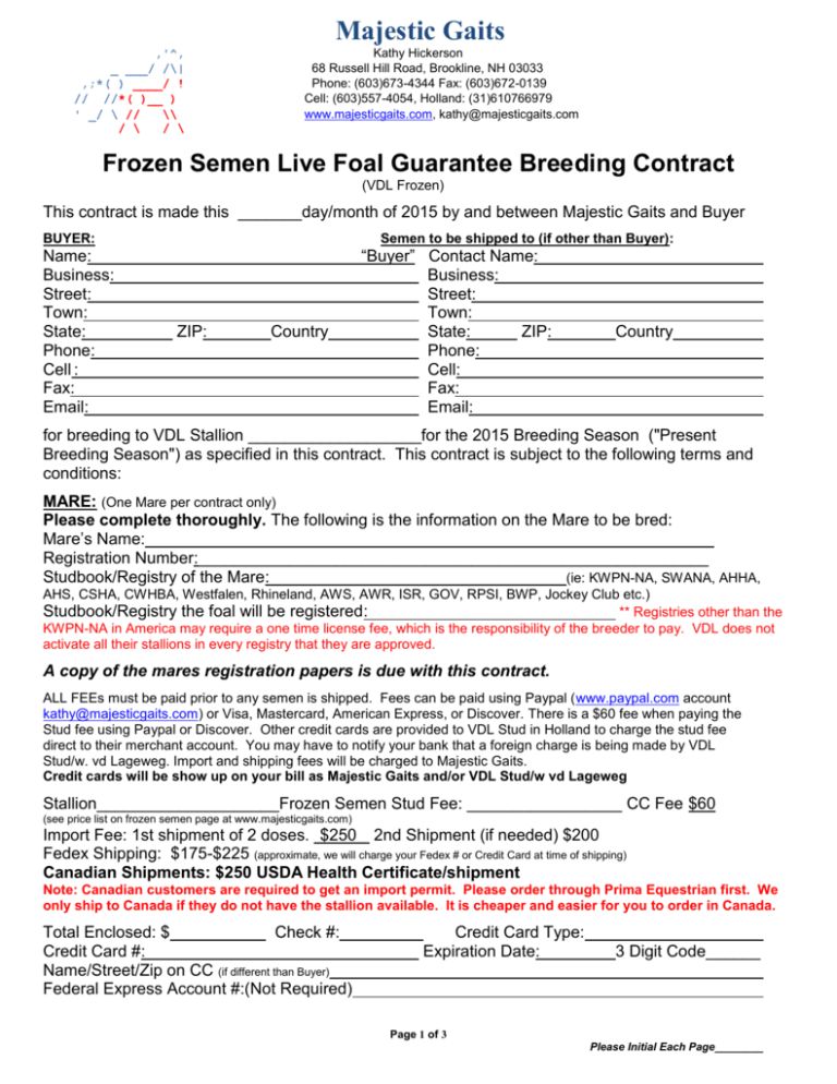 Frozen Semen Live Foal Guarantee Breeding Contract