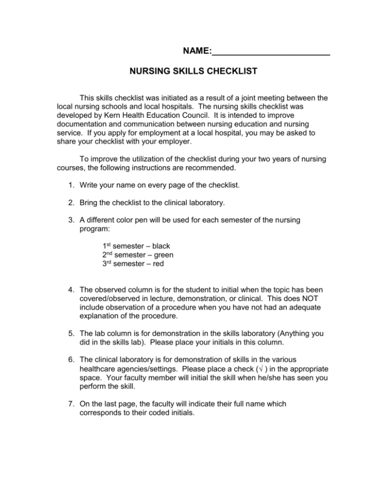 NURSING SKILLS CHECKLIST