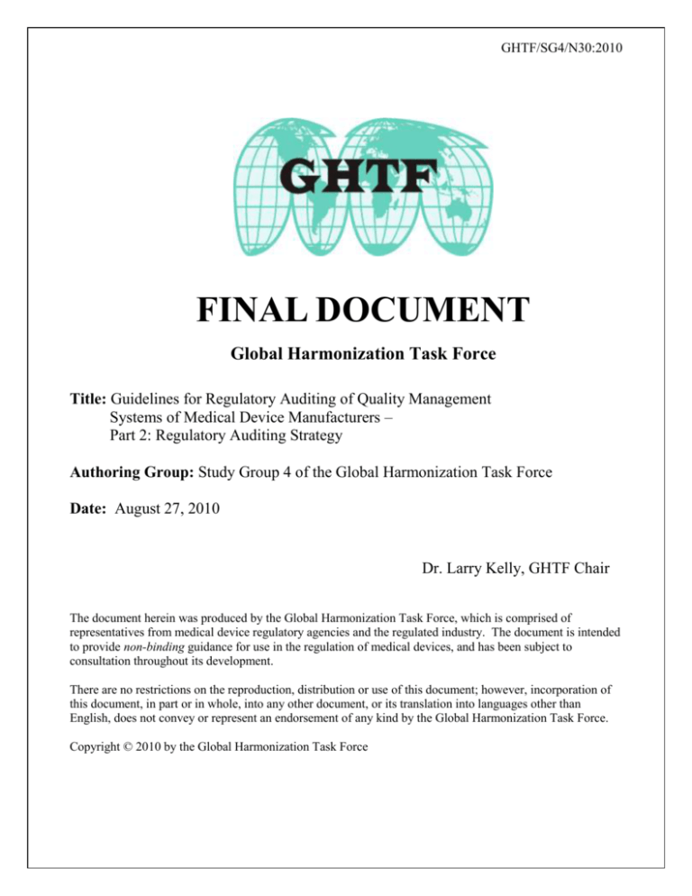 GHTF SG4 Guidelines for Regulatory Auditing of Quality