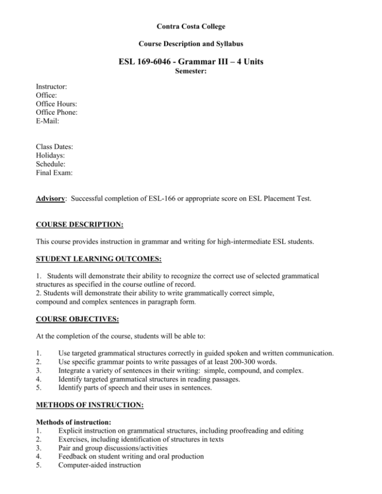 ESL 169 Sample Syllabus