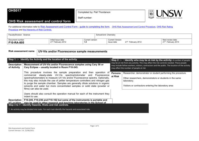 OHS Risk assessment and control form