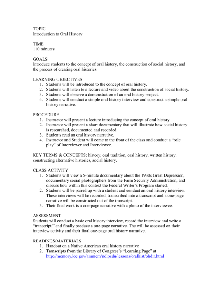 Lesson Plan Oral History Intro