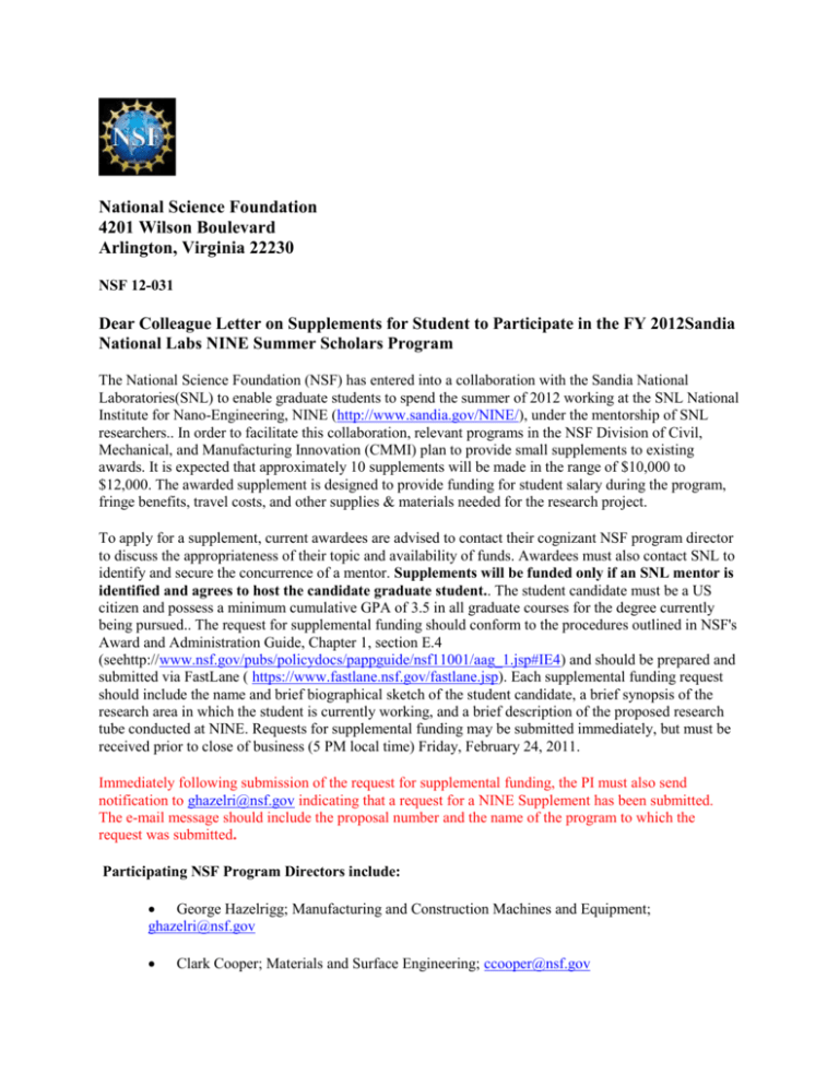 National Science Foundation 4201 Wilson Boulevard Arlington