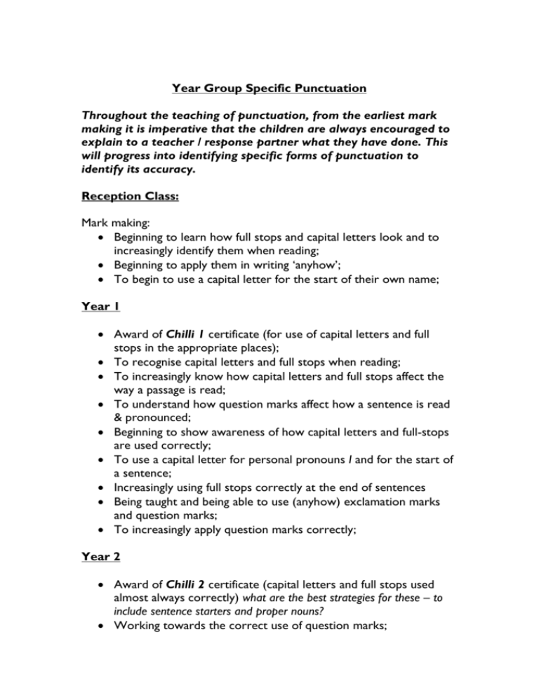 Year Group Specific Punctuation