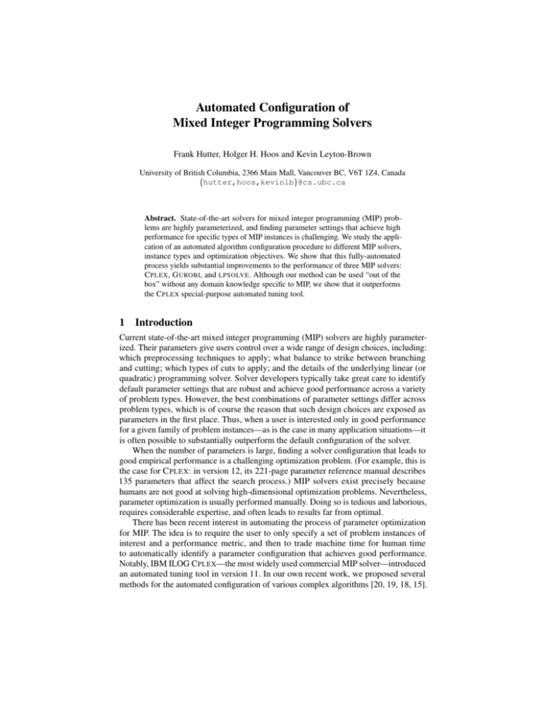 Automated Configuration Of Mixed Integer Programming Solvers