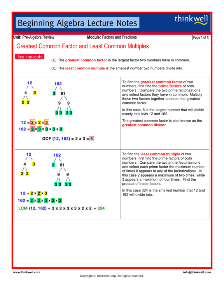 Greatest Common Factor And Least Common Multiples Greatest Common Factor And Least Common Multiples