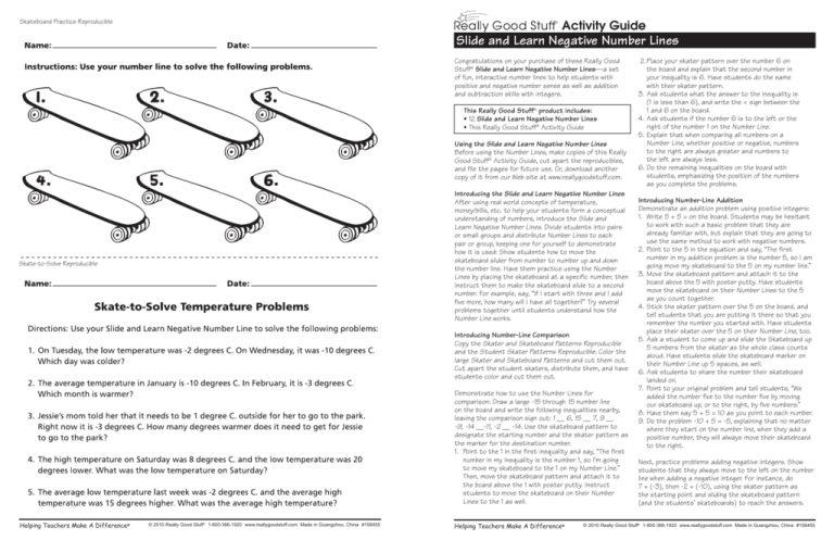 Slide And Learn Negative Number Lines Slide And Learn Negative Number Lines