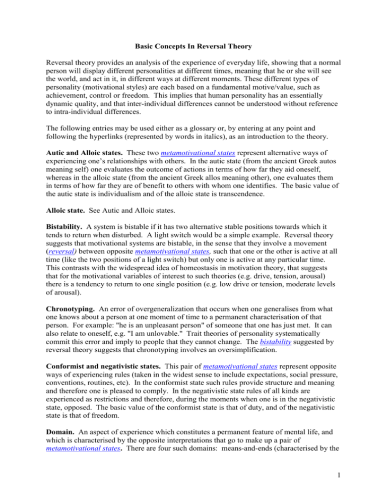 Twenty basic concepts in reversal theory