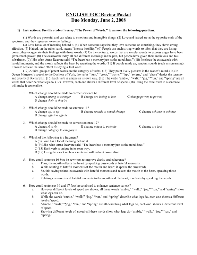 ENGLISH EOC Review Packet