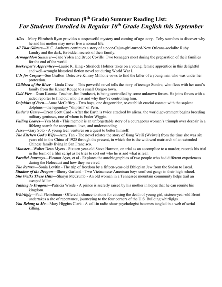 Freshman Summer Reading List Freshman Summer Reading List