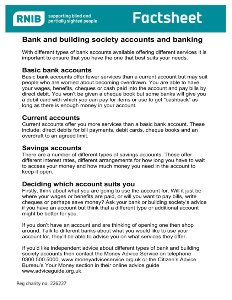 Bank and building society accounts and banking factsheet
