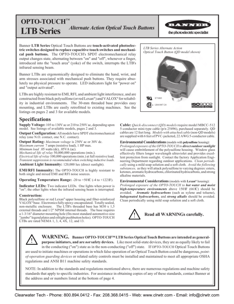 Banner OPTO-TOUCH LTB/OTB Series Optical Touch Buttons