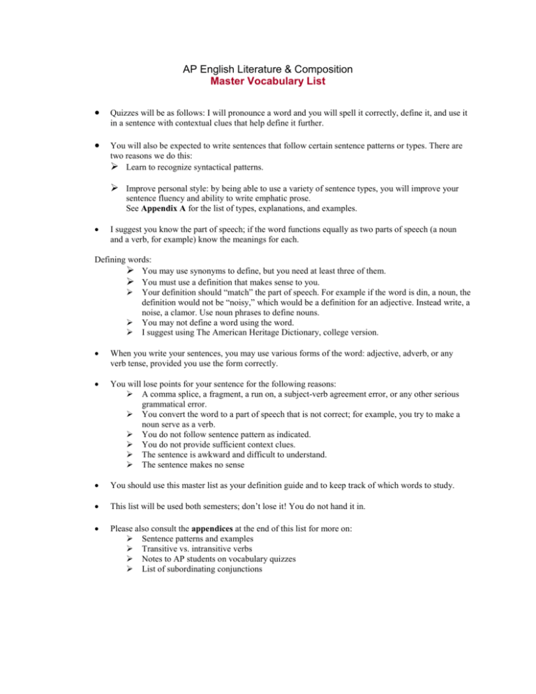 AP English Literature & Composition Master Vocabulary List