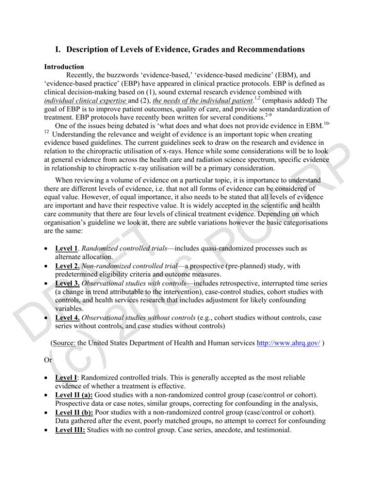 I. Description of Levels of Evidence, Grades and