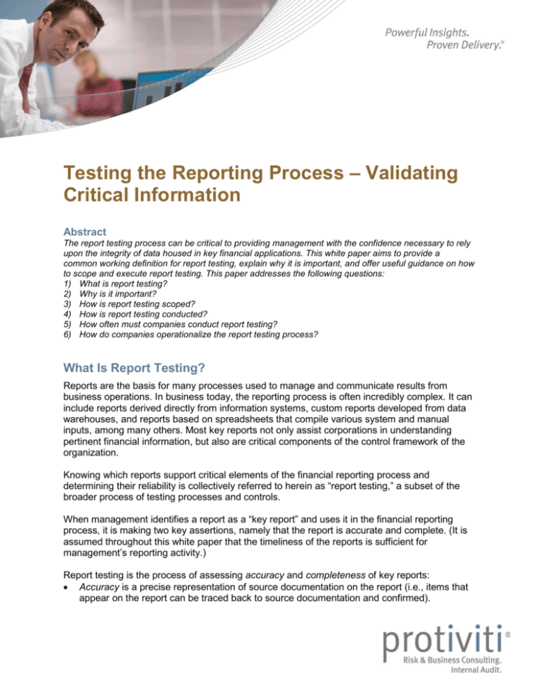 Testing the Reporting Process