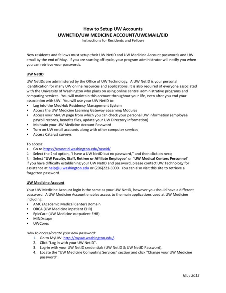 How to Setup UW Accounts UWNETID/UW MEDICINE ACCOUNT