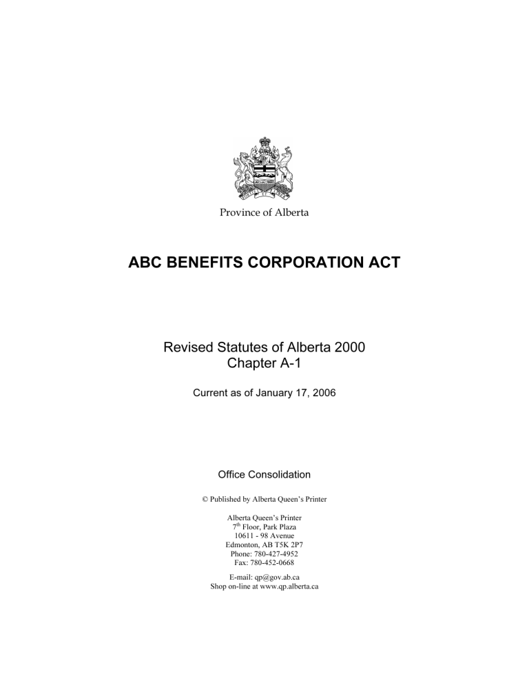 ABC BENEFITS CORPORATION ACT ABC BENEFITS CORPORATION ACT