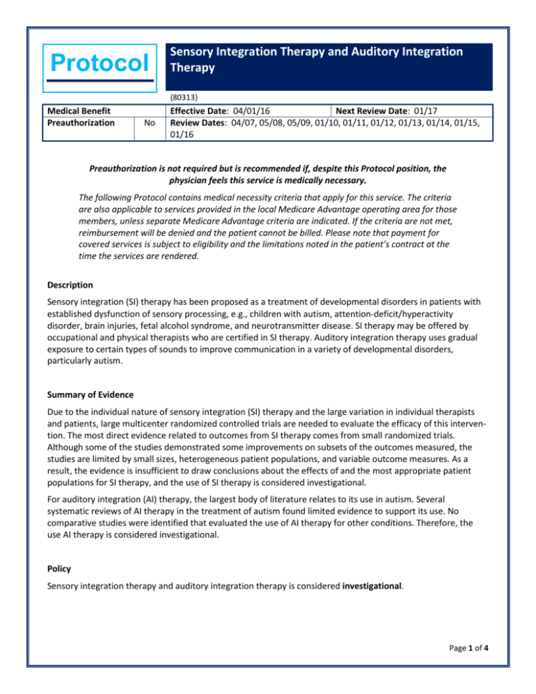 Sensory Integration Therapy and Auditory Integration
