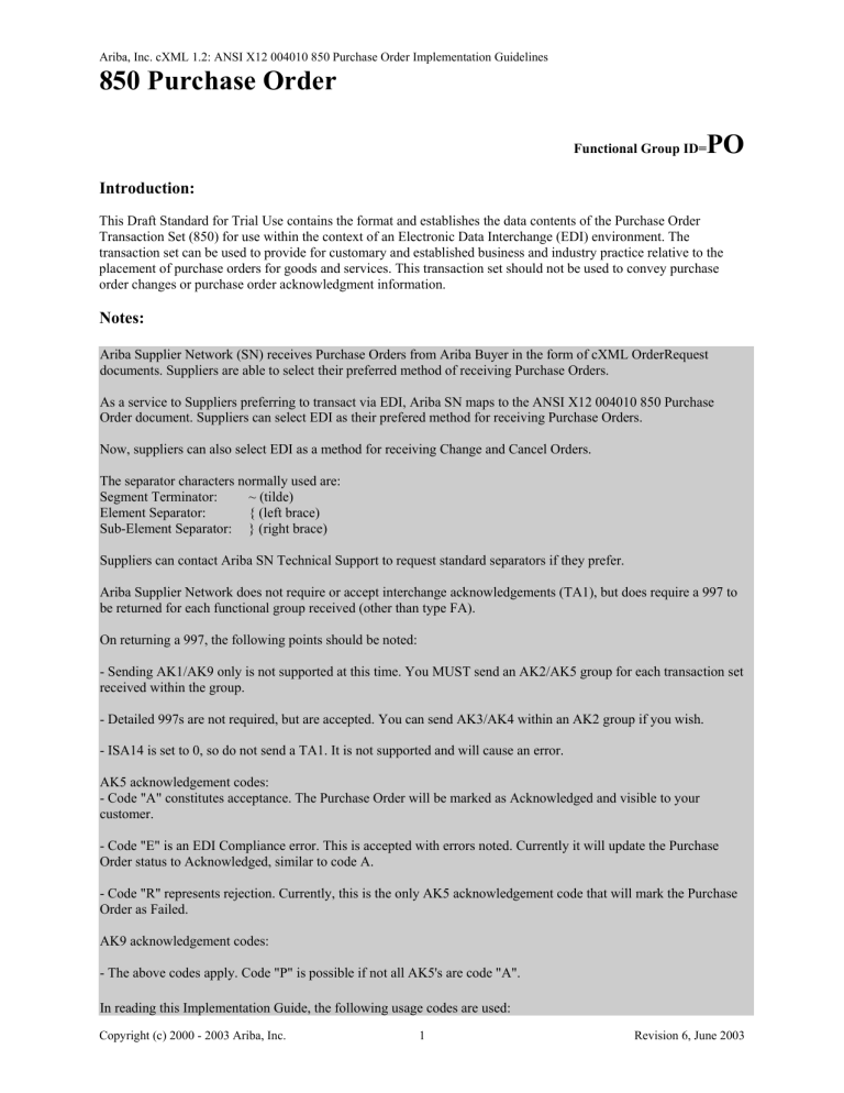 ANSI X12 850 – Purchase Order