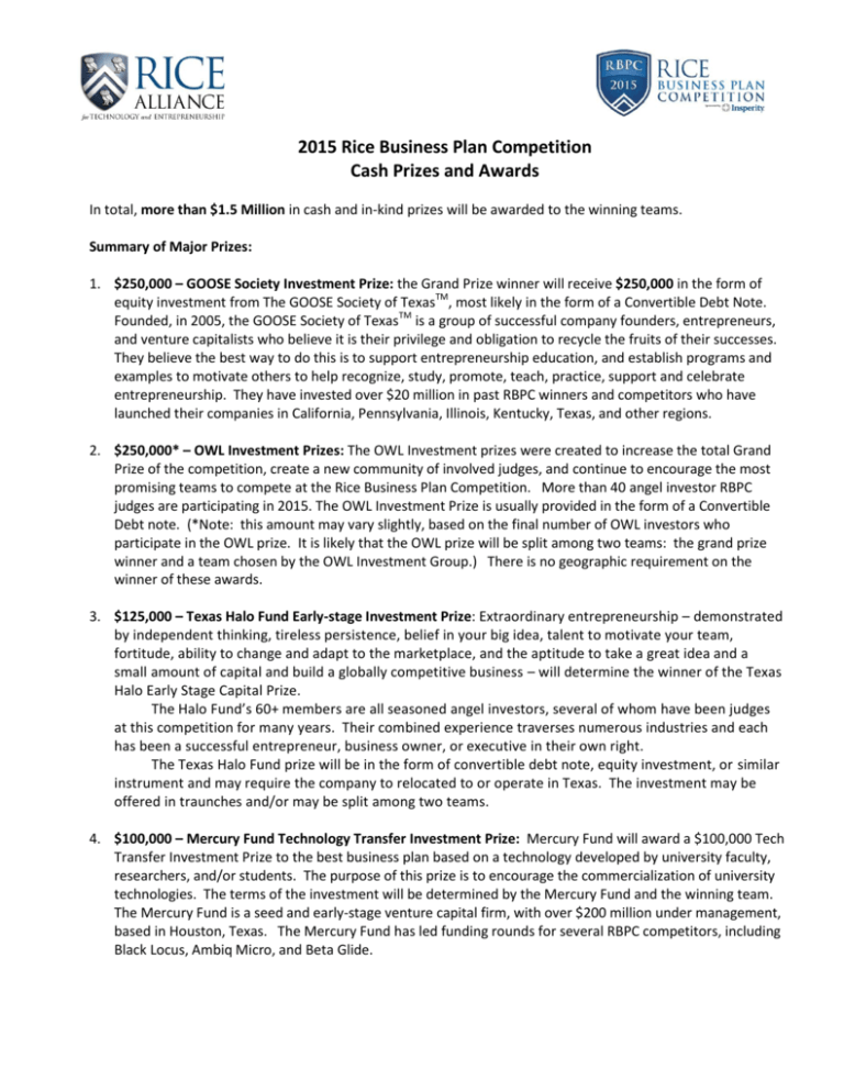 Prizes - Rice Business Plan Competition