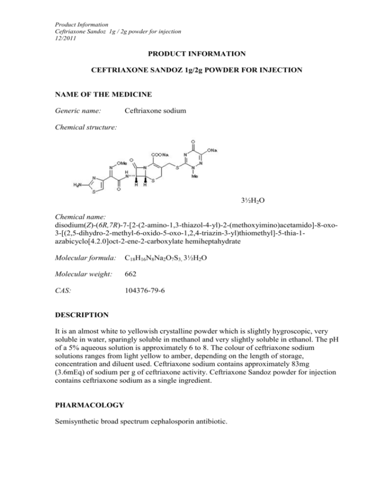 PRODUCT INFORMATION CEFTRIAXONE SANDOZ 1g/2g