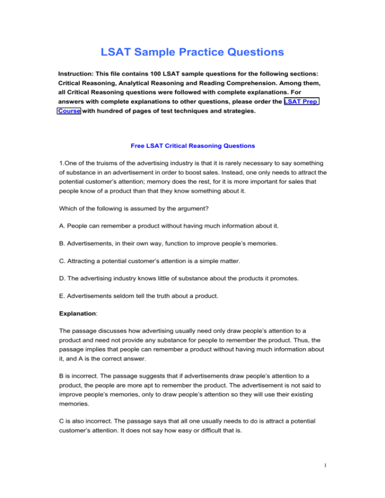 LSAT Sample Practice Questions