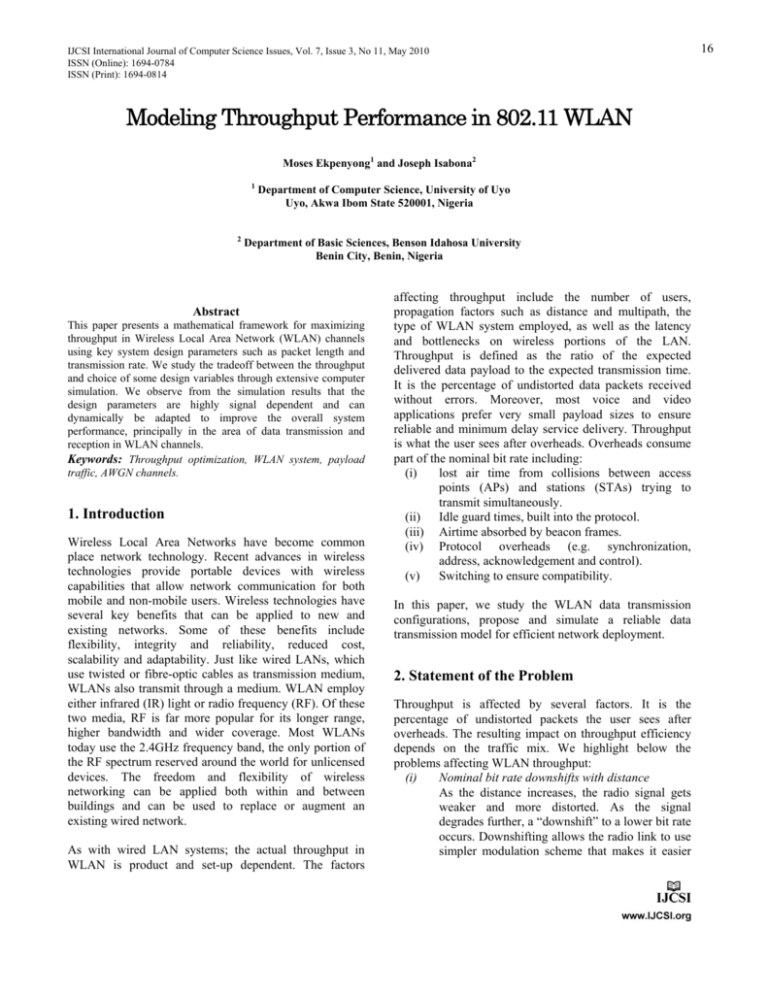 Modeling Throughput Performance In 802 11 Wlan