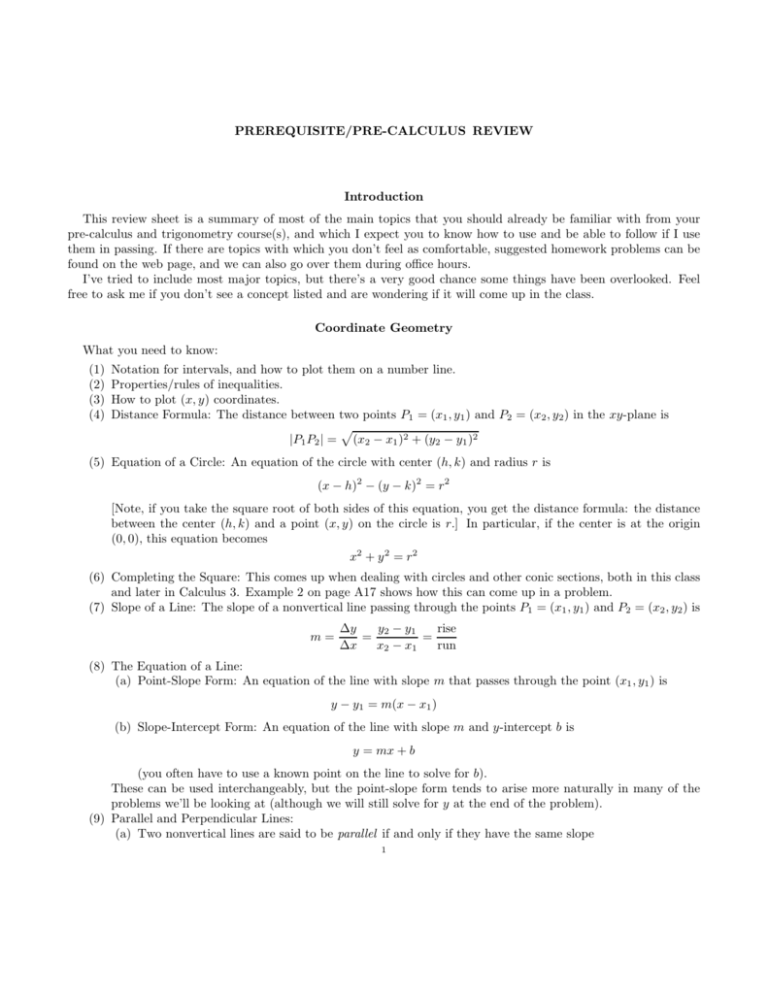 PREREQUISITE/PRE-CALCULUS REVIEW Introduction This review