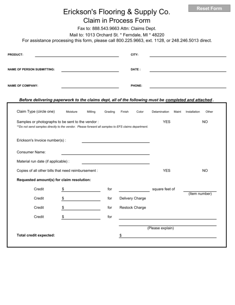 Customer Claim Inspection Analysis Form
