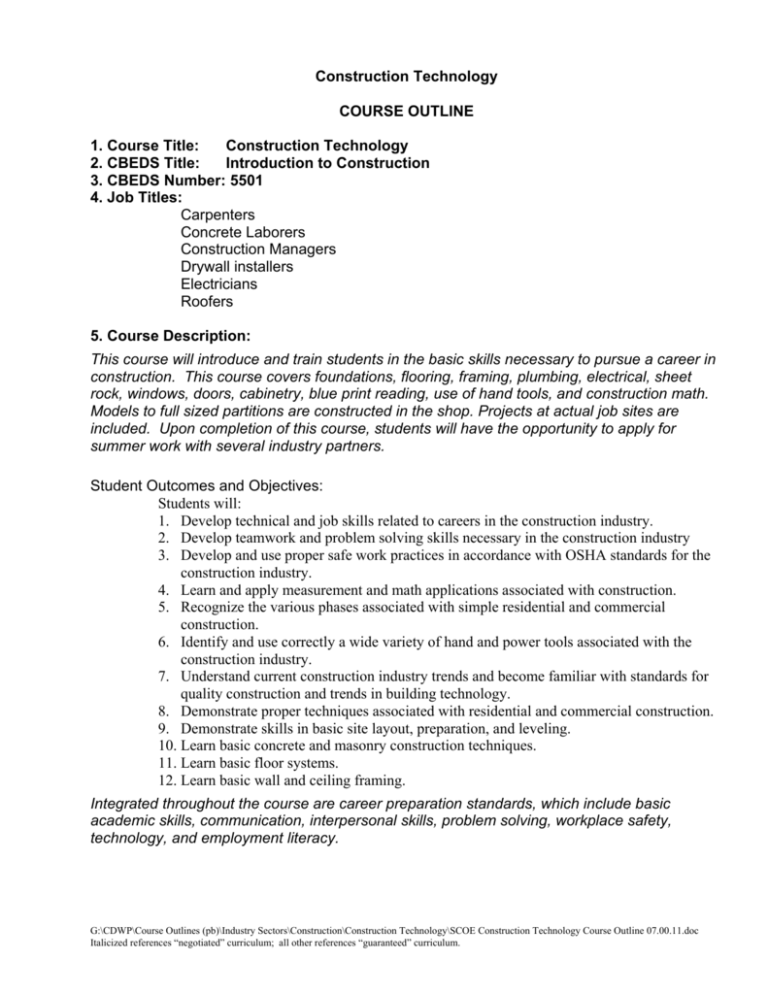 Construction Technology Course Outline Construction Technology Course Outline