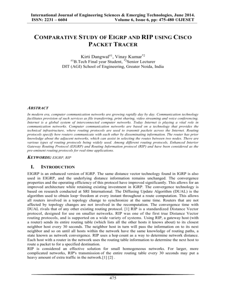 comparative study of eigrp and rip using cisco packet tracer