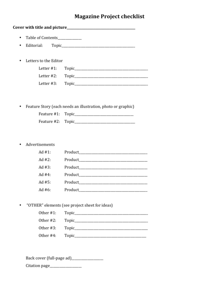 Magazine checklist and rubric