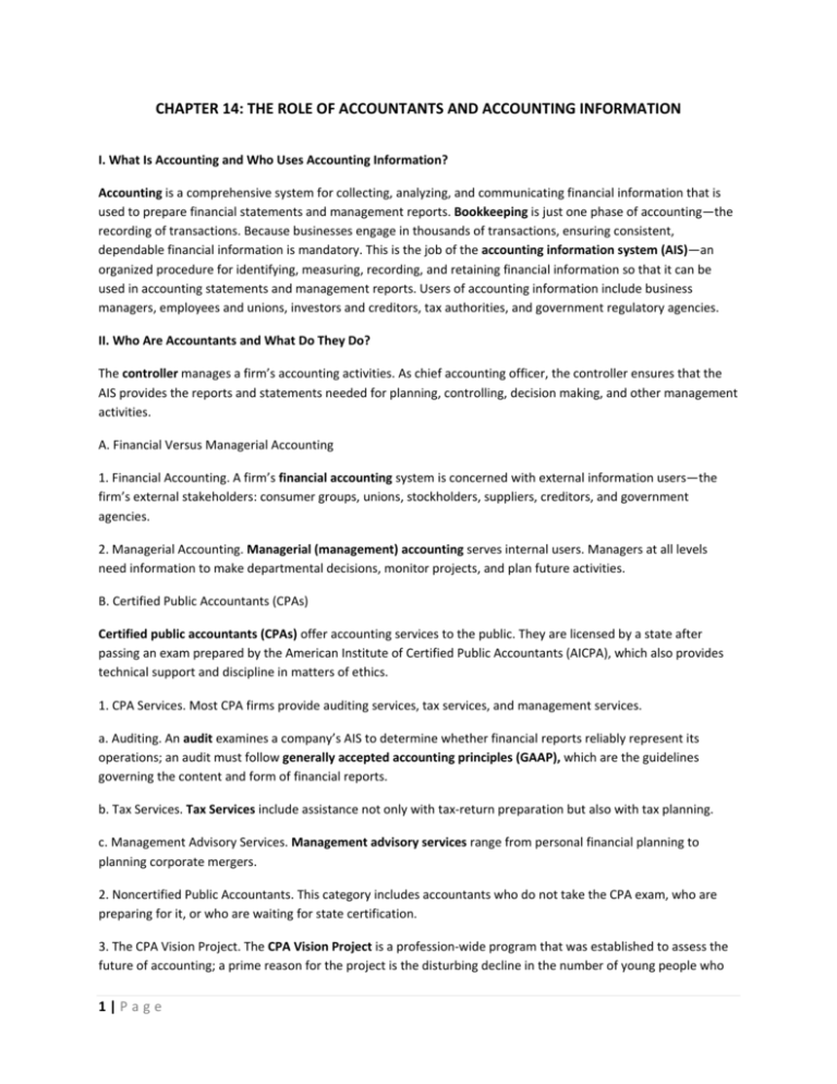 CHAPTER 14: THE ROLE OF ACCOUNTANTS AND ACCOUNTING