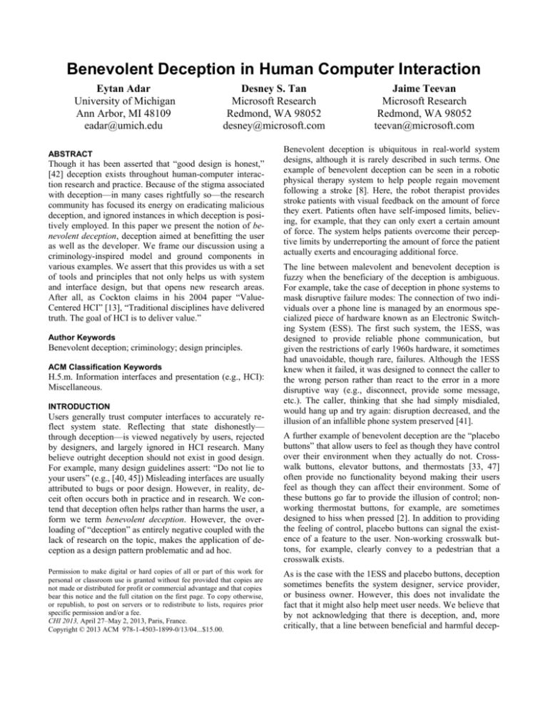 Benevolent Deception in Human Computer Interaction