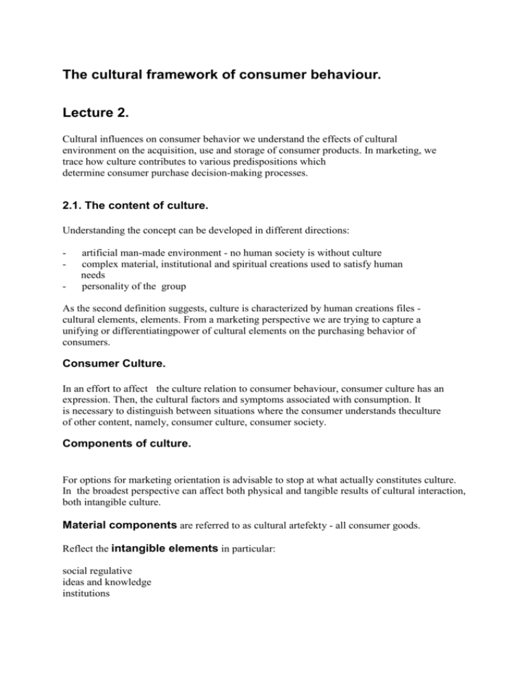 The cultural framework of consumer behaviour.