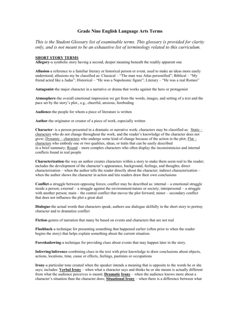 Grade Nine English Language Arts: Short Story Terms