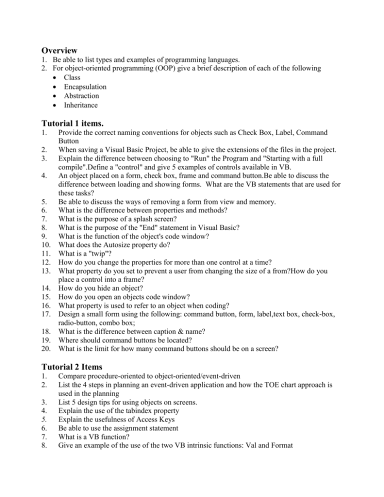 Overview Be Able To List Types And Examples Of Programming