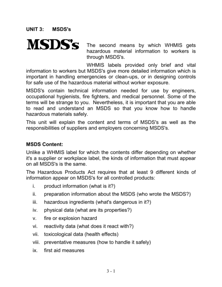 UNIT 3: MSDS's