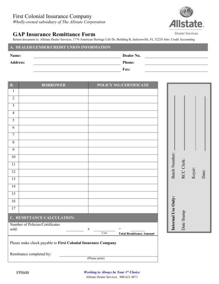 GAP Insurance Remittance Form - Allstate